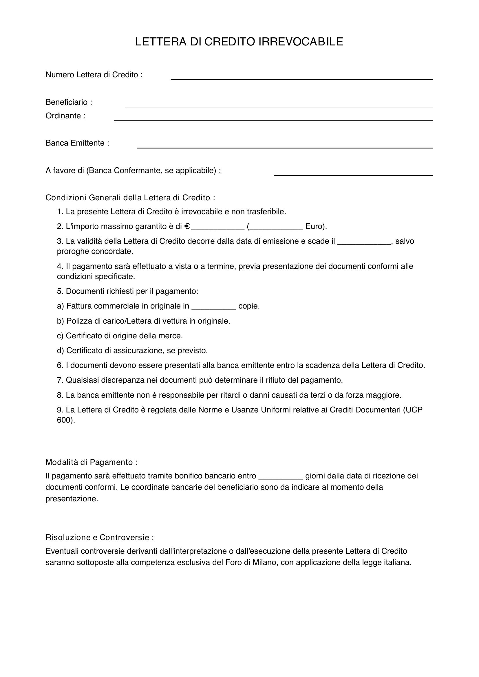 Esempio Lettera Di Credito