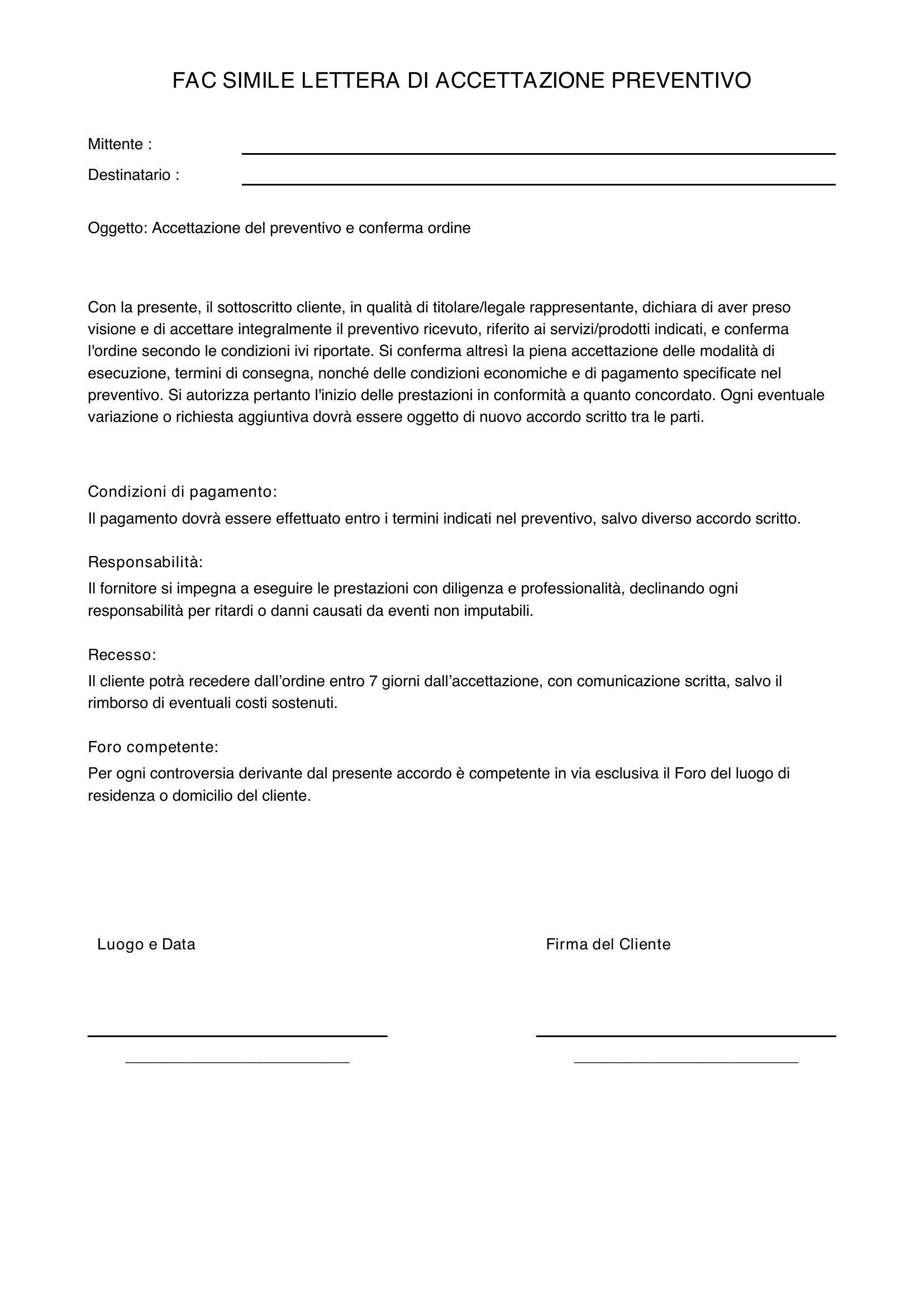 Fac Simile Lettera Accettazione Preventivo