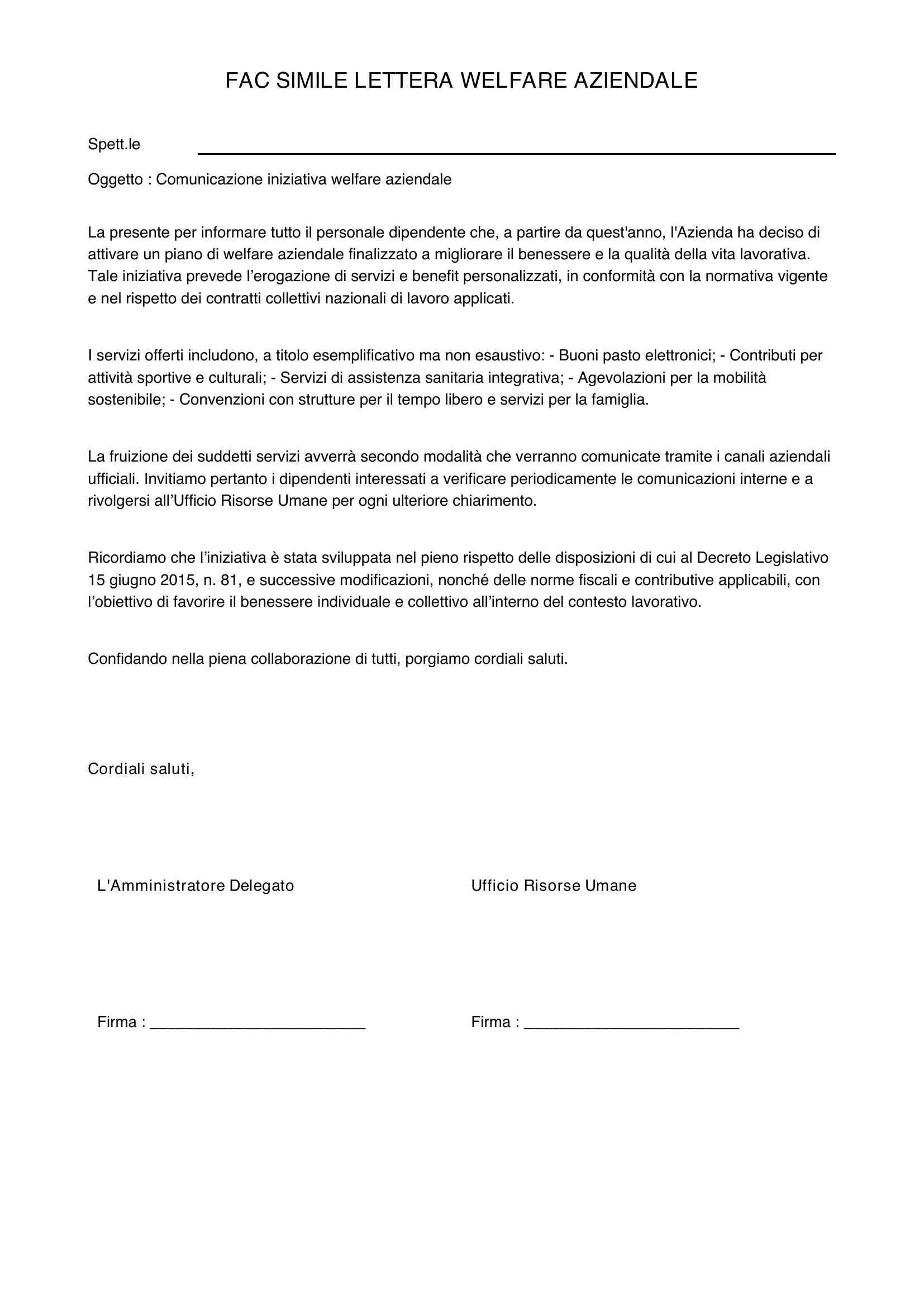 Fac Simile Lettera Welfare Aziendale