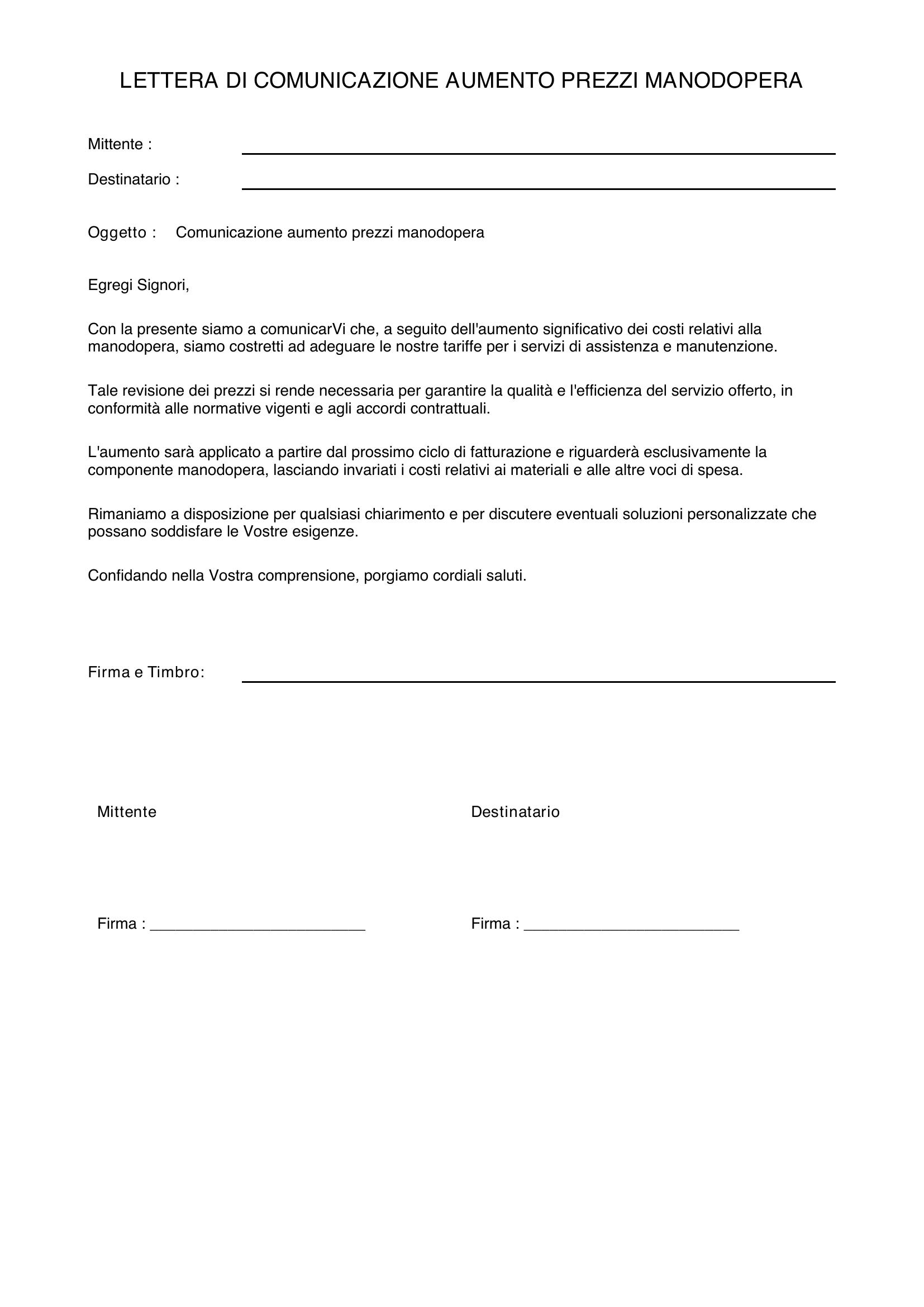 Lettera Aumento Prezzi Manodopera Fac Simile