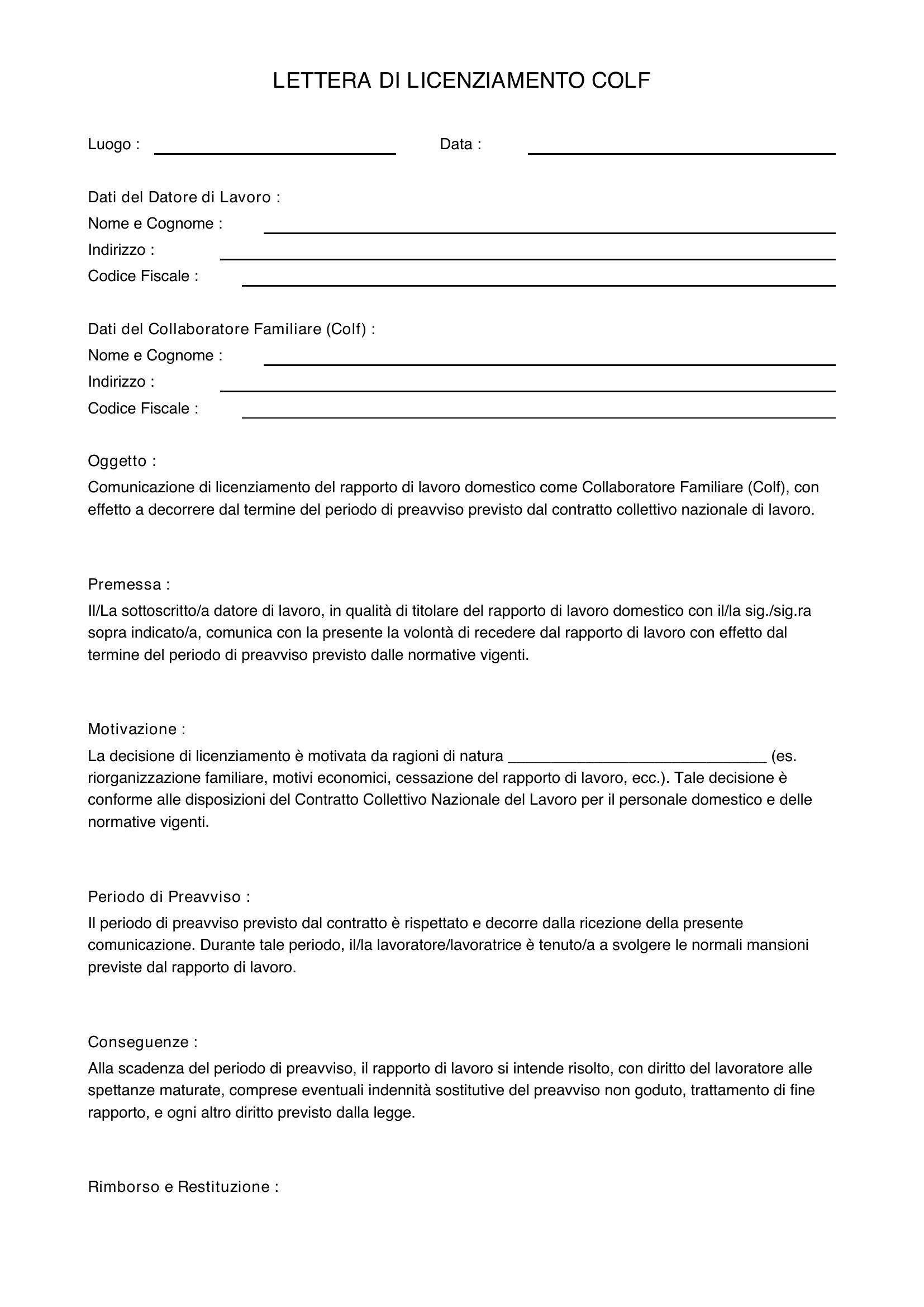 Lettera Licenziamento Colf