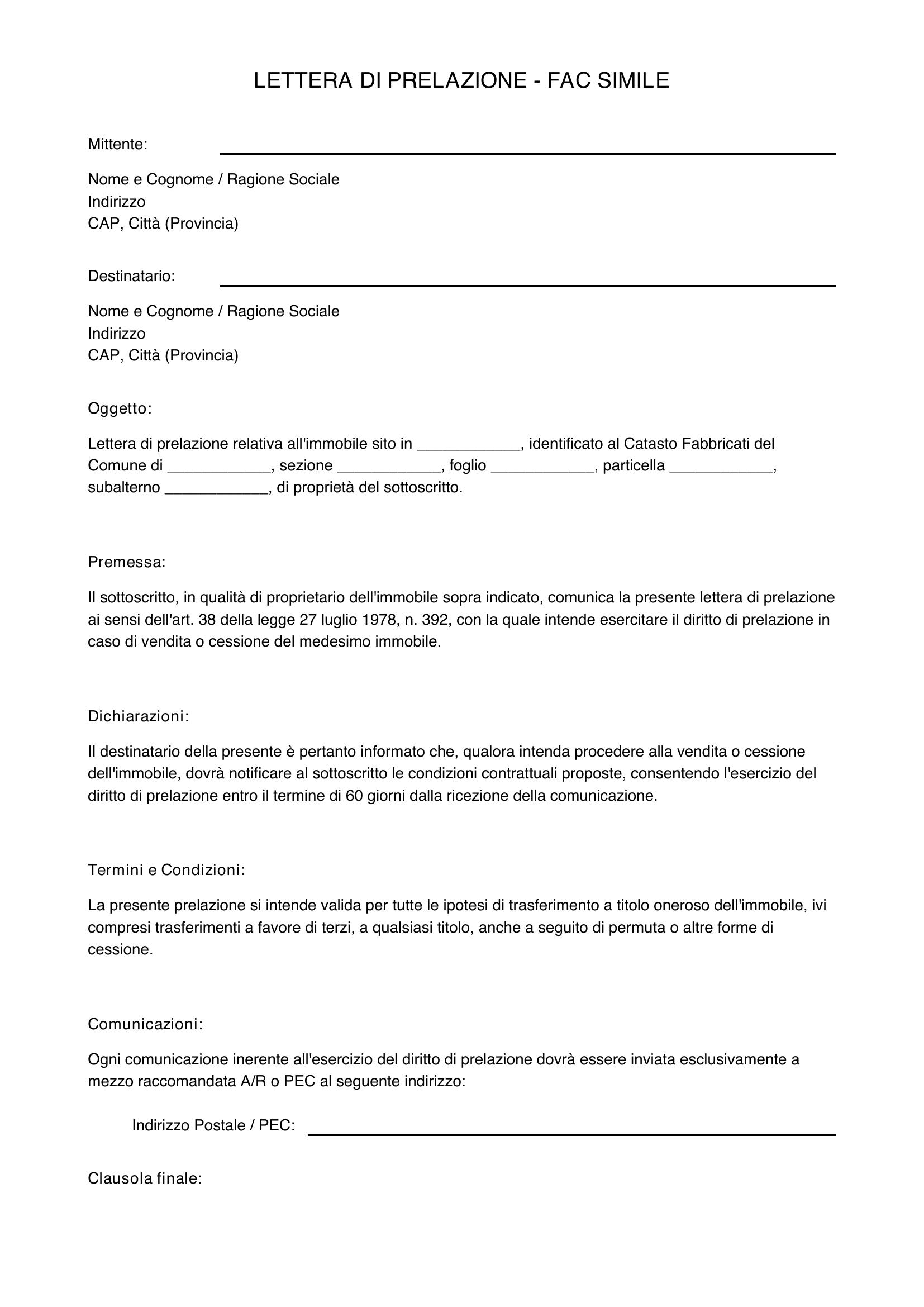 Lettera Prelazione Fac Simile